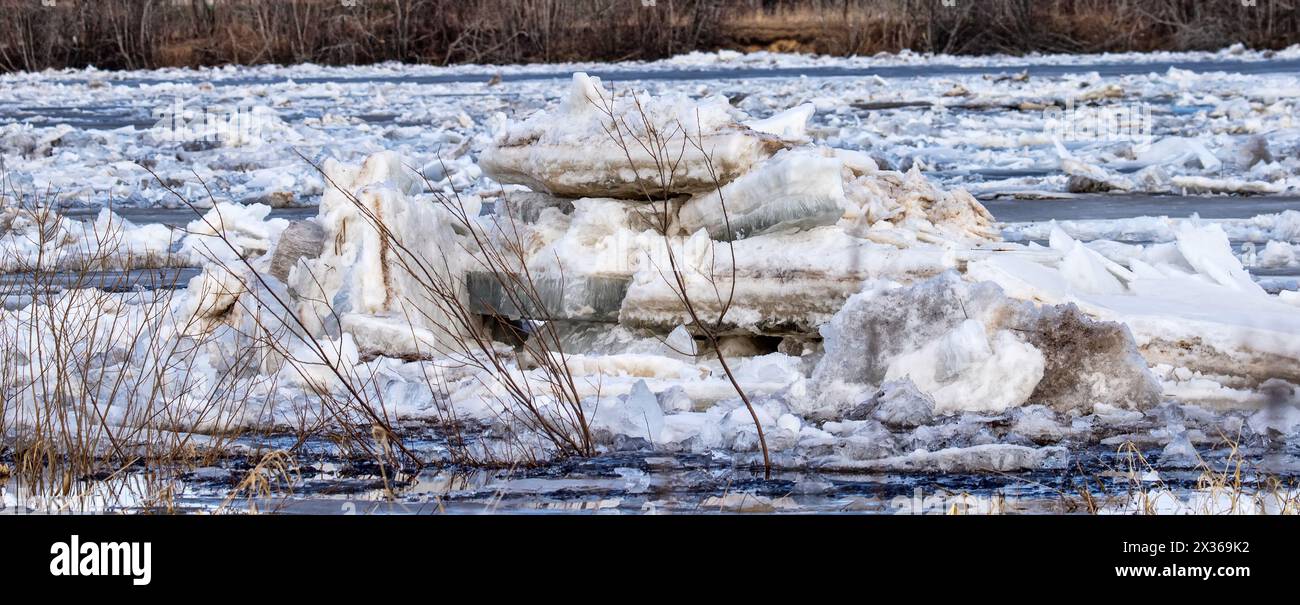 A landscape of an ice drift (ice-boom, debacle) on the northern river ...