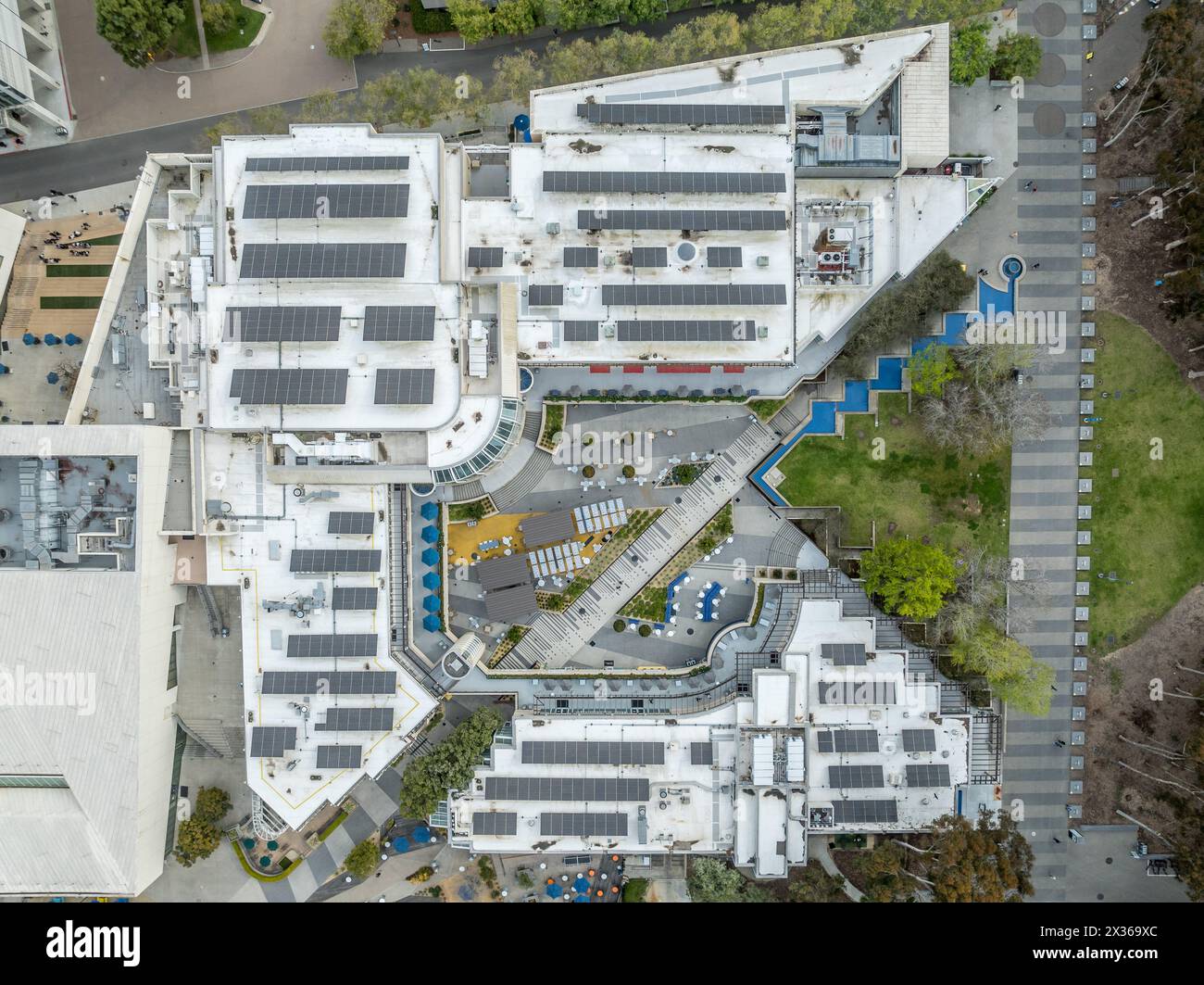 Aerial view of the UCSD student center with solar panels on the roof ...
