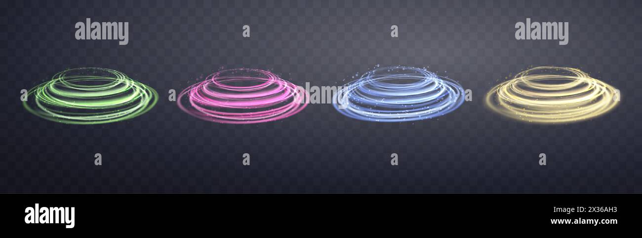 Glowing magic rings set. Neon realistic energy flare rings with ...