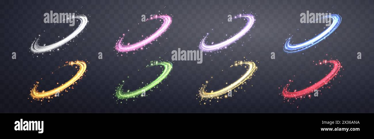 Glowing magic rings set. Neon realistic energy flare rings with ...