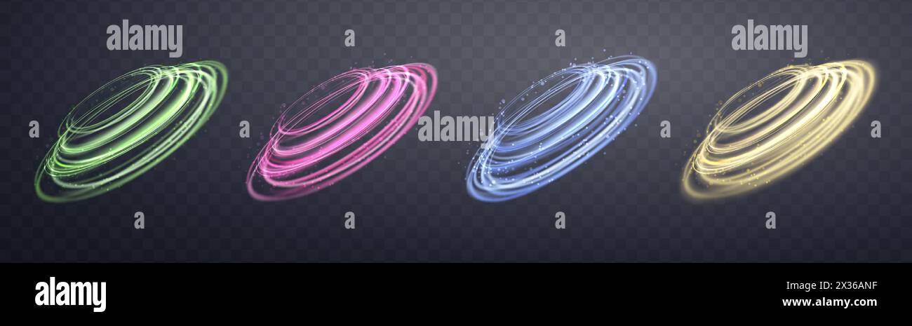 Glowing magic rings set. Neon realistic energy flare rings with ...