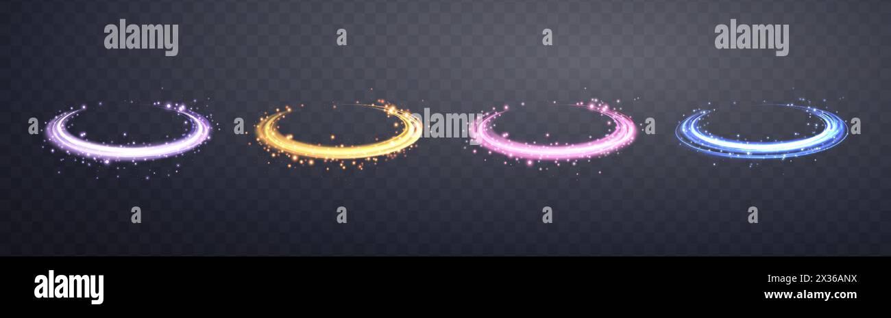 Glowing magic rings set. Neon realistic energy flare rings with ...