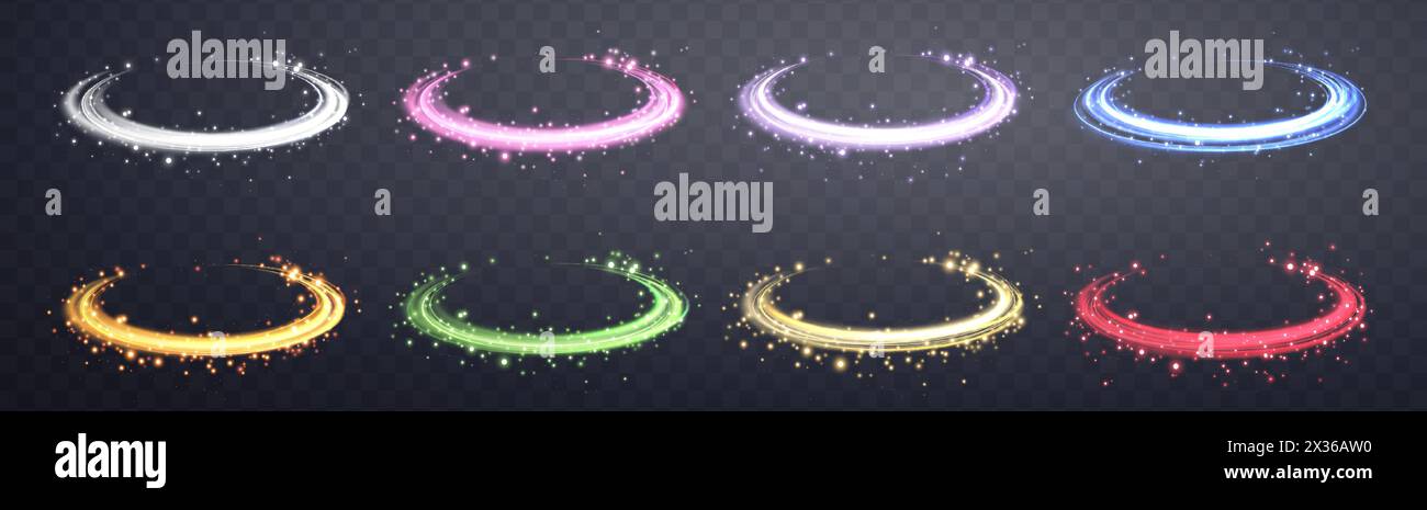 Glowing magic rings set. Neon realistic energy flare rings with ...