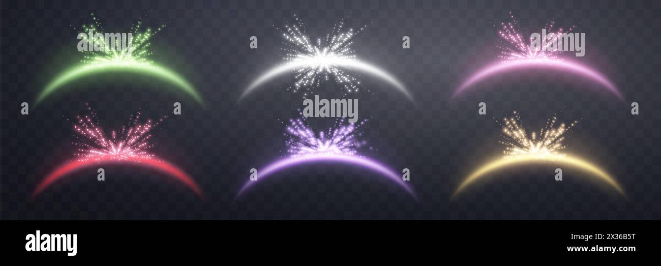 Magic arches different colors with glowing particles, sunlight lens ...