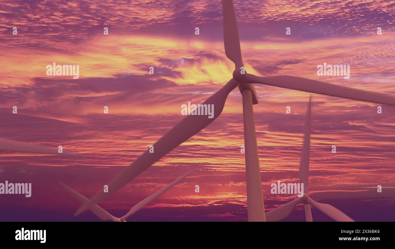 Power generation by wind turbines 3d render. Wind turbines on sea ...