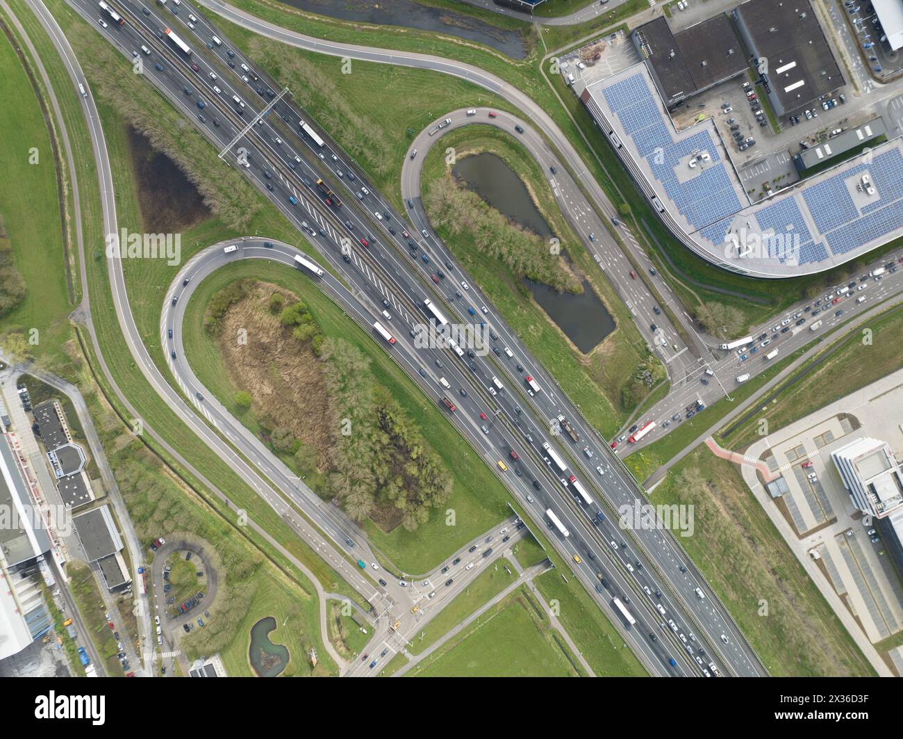 Aerial top down view on traffic jam on a highway in tThe Netherlands ...