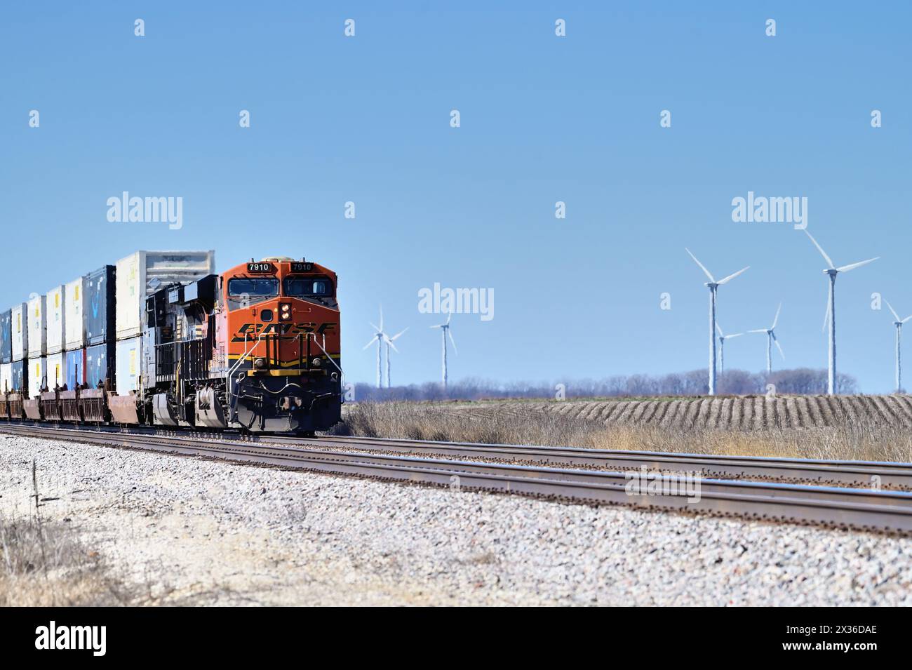 Ransom, Illinois, USA. Two locomotives serving as distributed power ...
