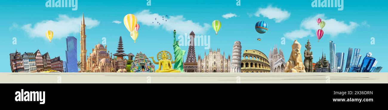 World landmarks and famous monuments collage isolated on panoramic blue ...