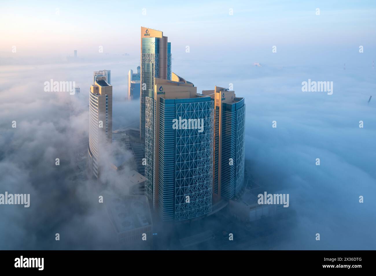 Aerial view of Qatar Energy building west bay during fog Stock Photo ...