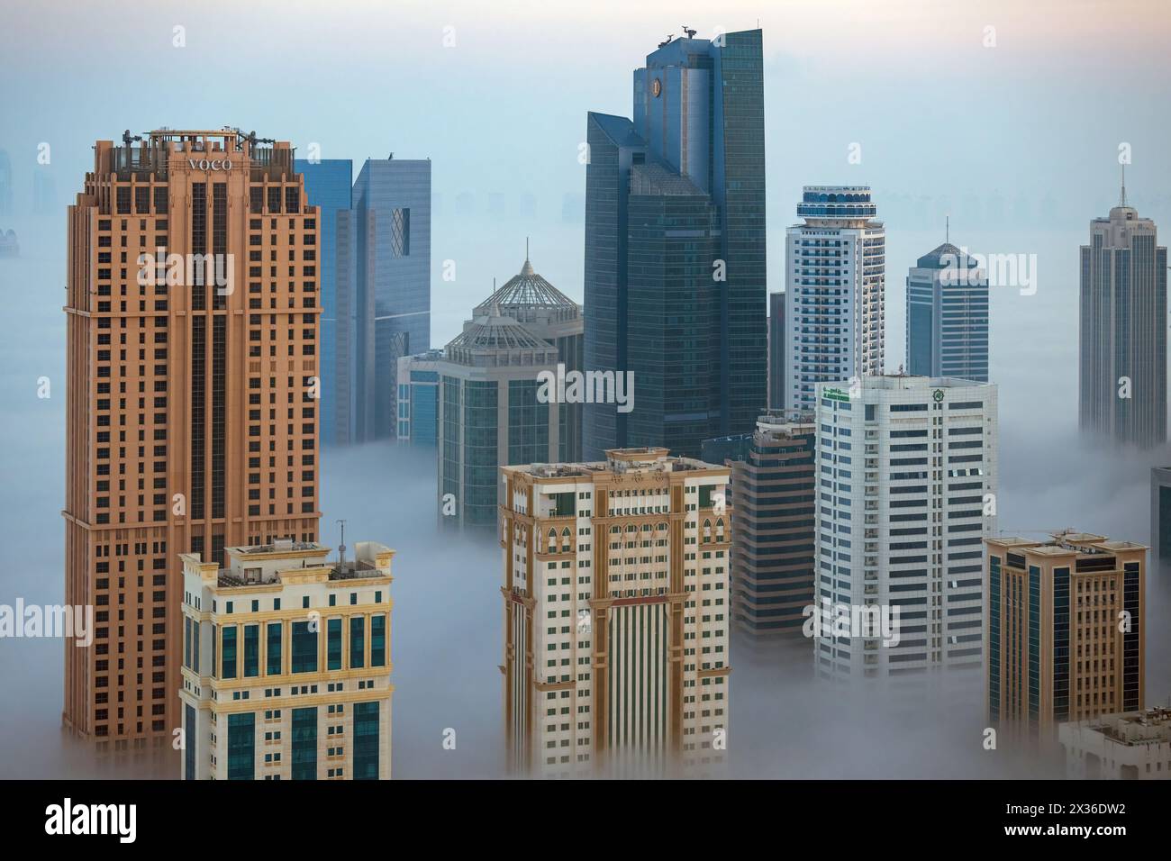 Doha Aerial view of West bay Doha during fog Stock Photo - Alamy