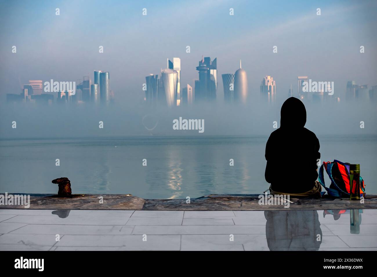 Foggy Doha Corniche early morning winter days. Doha Skyline in Fog ...