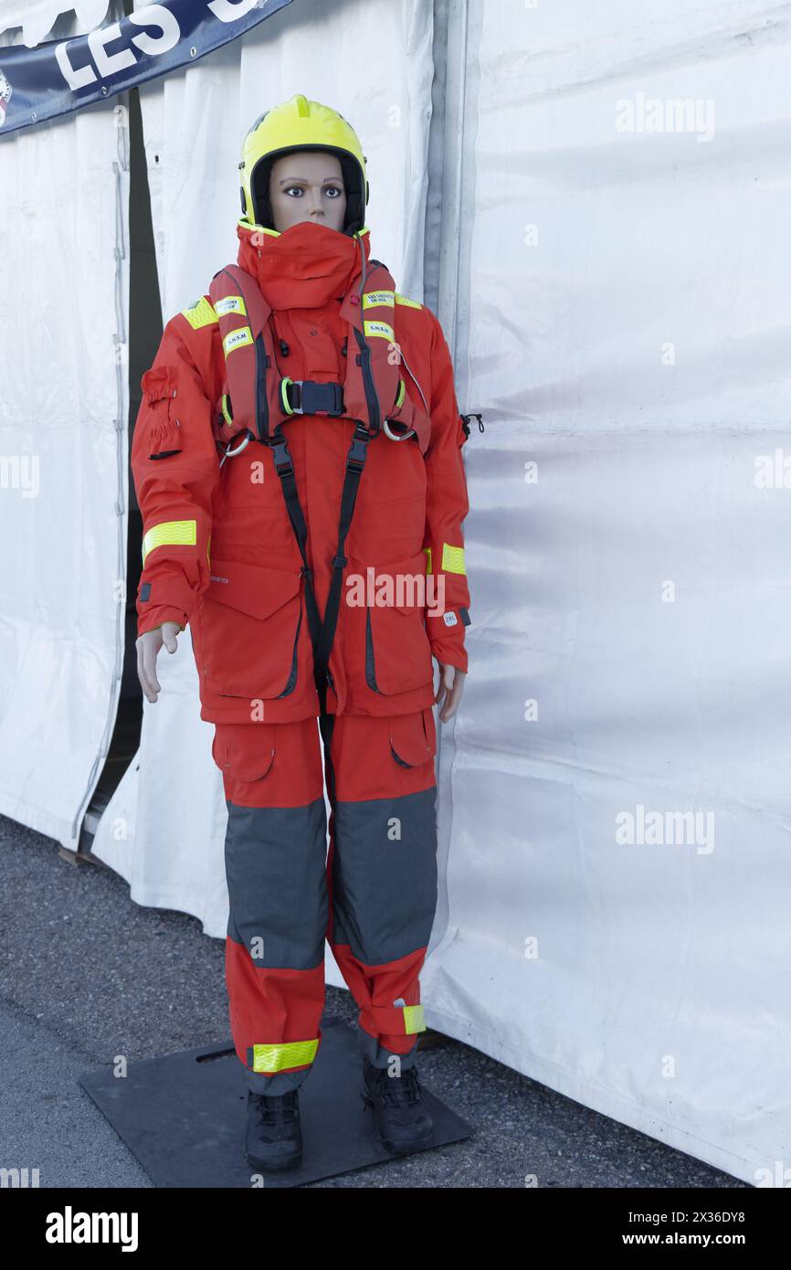 Sete, France. 18th April, 2022. Outfit of SNSM sea rescuers on an stand ...