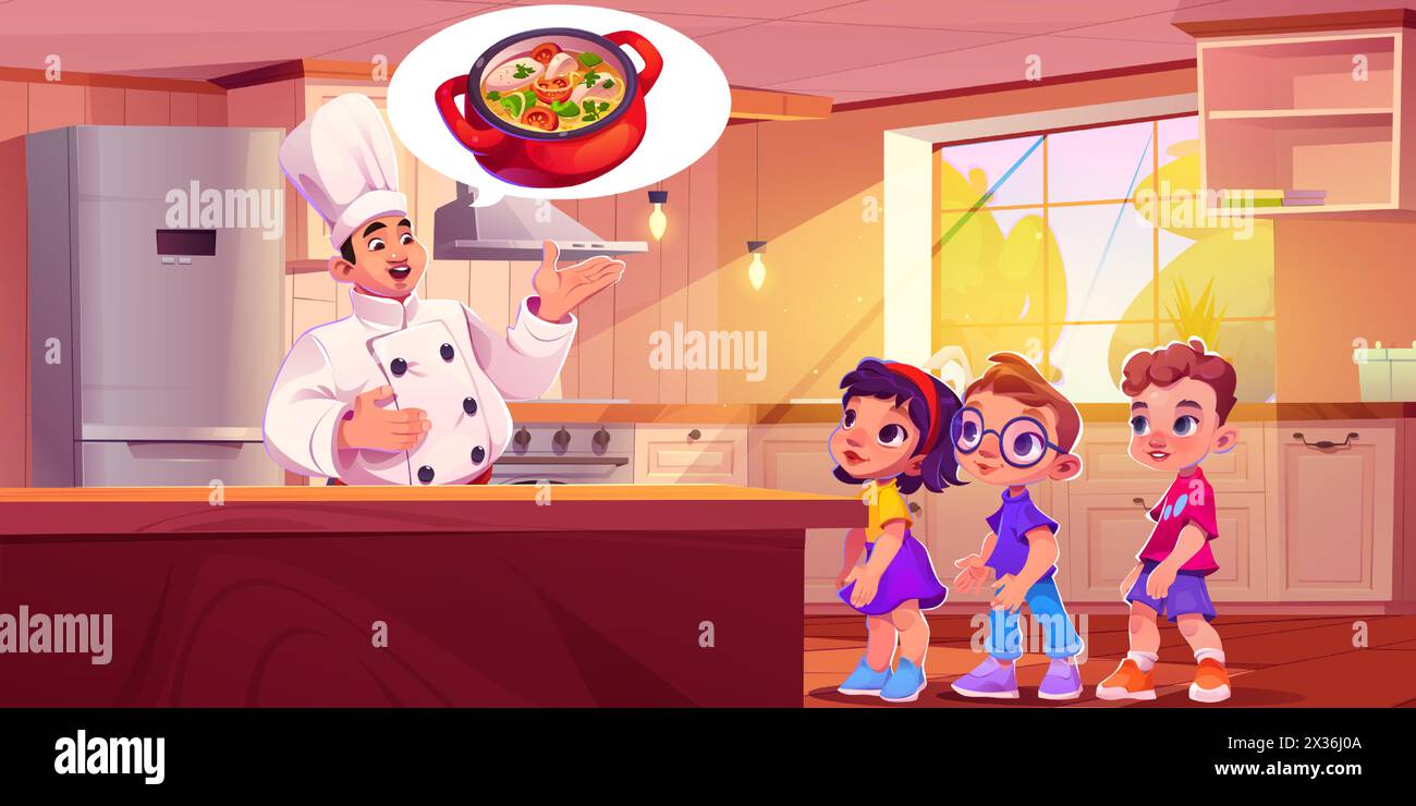 Chef cook soup food for children vector cartoon. Kids character and ...