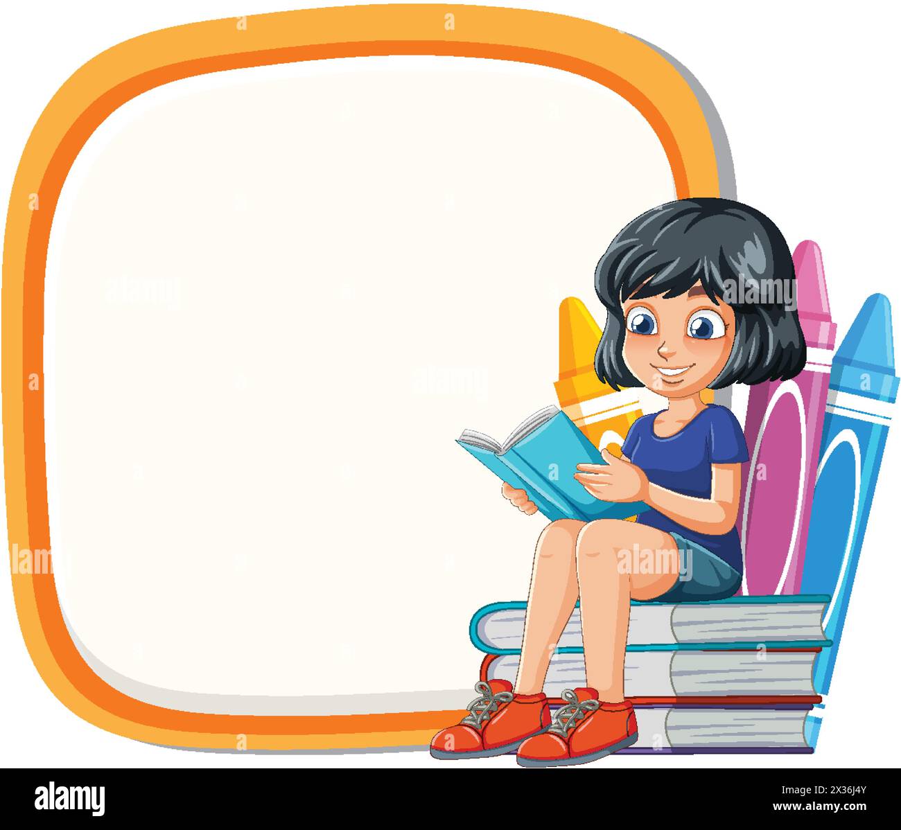 Cartoon girl reading book, sitting on books Stock Vector Image & Art ...