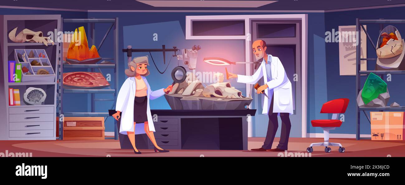 Dinosaur fossil in scientist lab room cartoon. Paleontologist man and ...