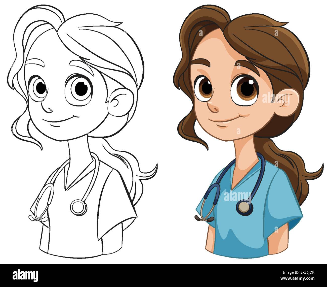Colorful and line art of a female doctor cartoon Stock Vector Image ...