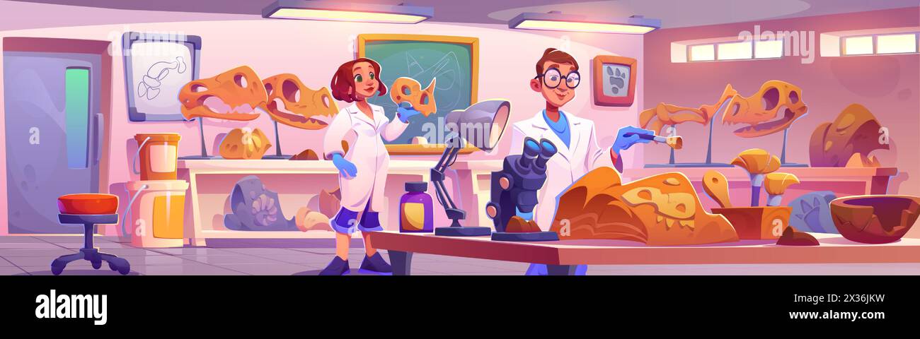 Fossil lab interior with paleontology scientists. Cartoon vector ...
