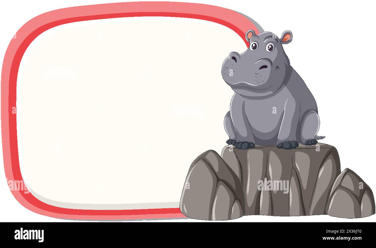 Cartoon hippo sitting on rocks beside empty frame Stock Vector Image ...