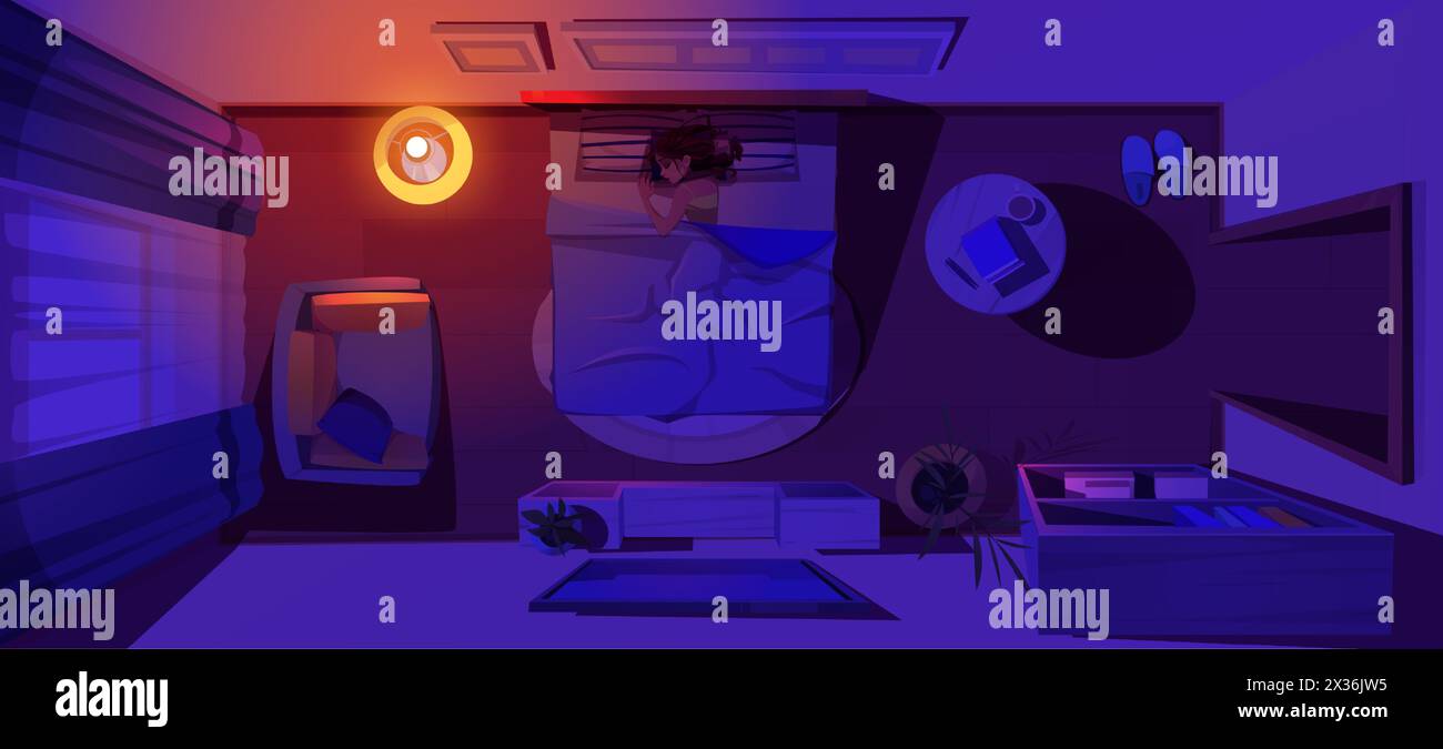 Woman character sleep in bed top view cartoon. Night bedroom interior ...