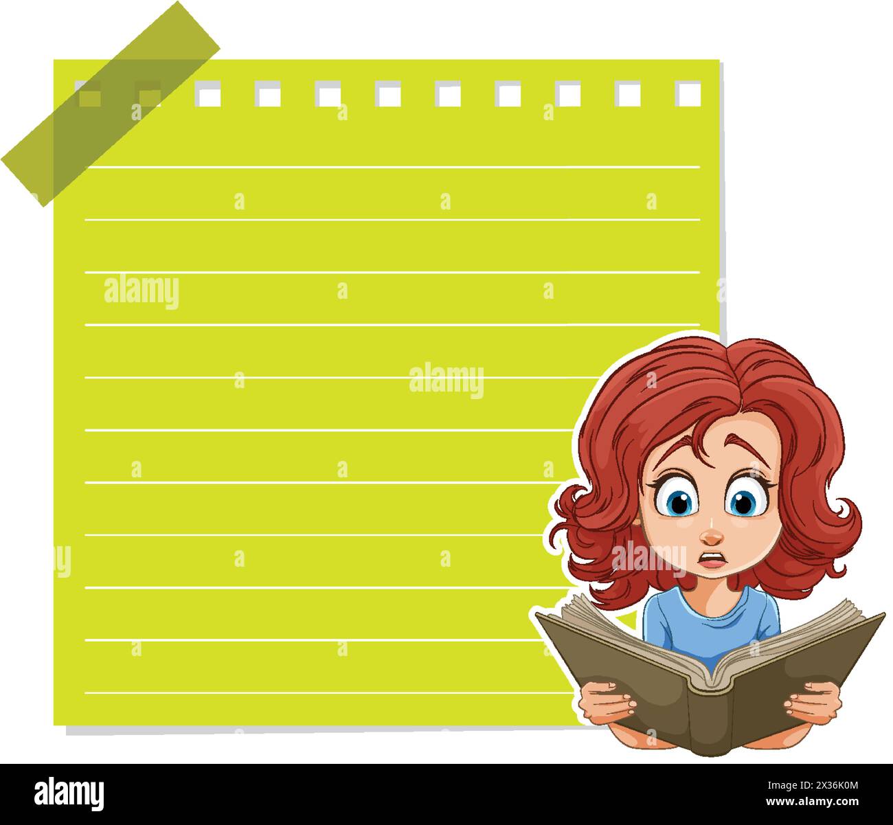 Cartoon girl reading book beside large yellow notepad Stock Vector ...