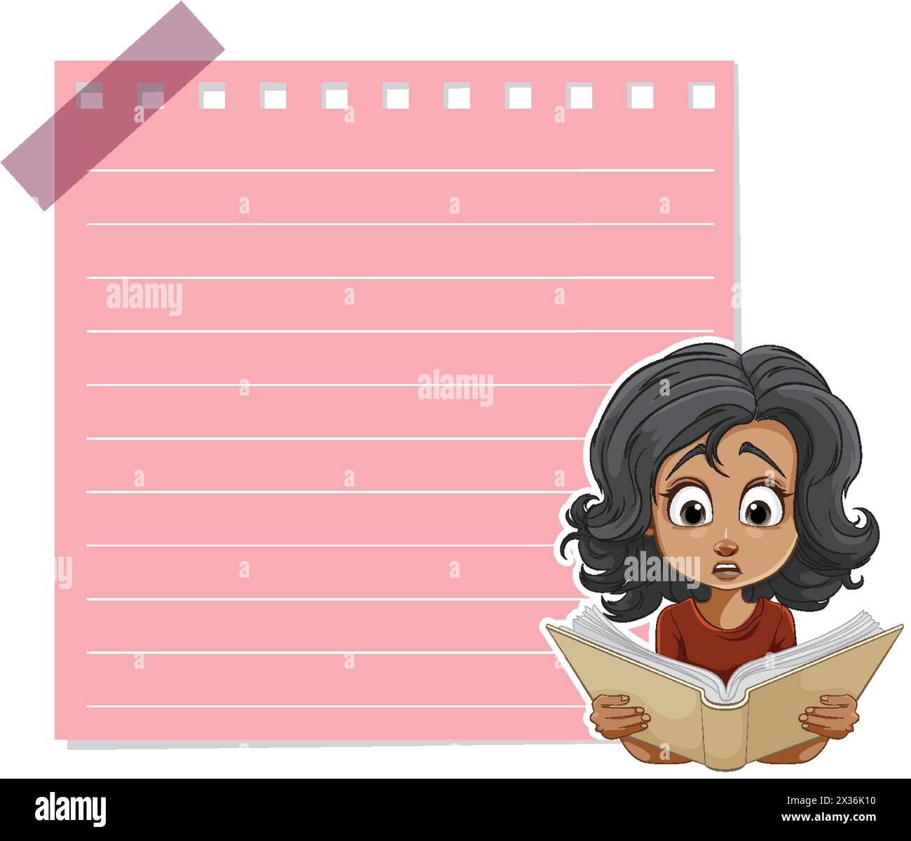Cartoon girl reading book, large pink notebook behind Stock Vector ...
