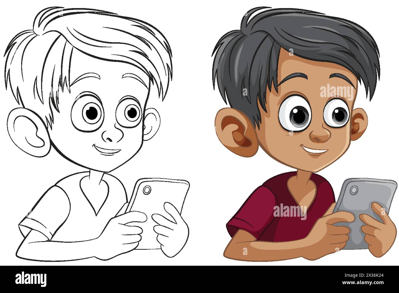 Two boys using smartphones, colored and line art Stock Vector Image ...