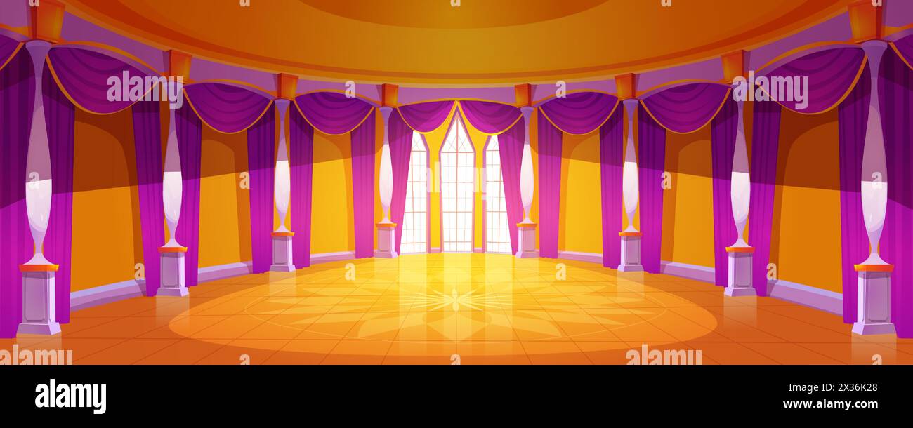 Castle ballroom interior. Purple palace hall cartoon background. Royal ...
