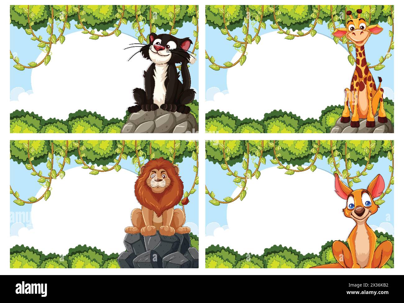 Four cartoon animals smiling in a jungle setting Stock Vector Image ...