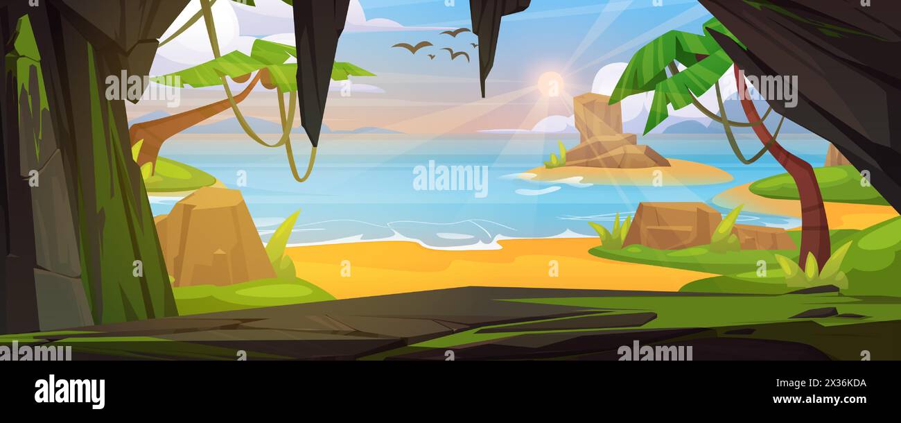 View from inside of cave through hole entrance on empty sea or ocean ...