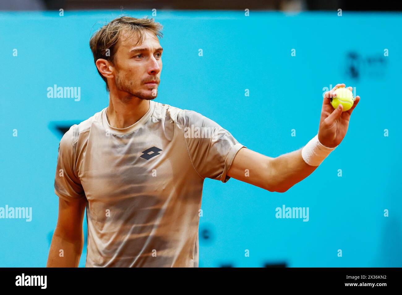 Lukas Klein of Slovakia in action against Pablo Llamas Ruiz of Spain during the Mutua Madrid ...