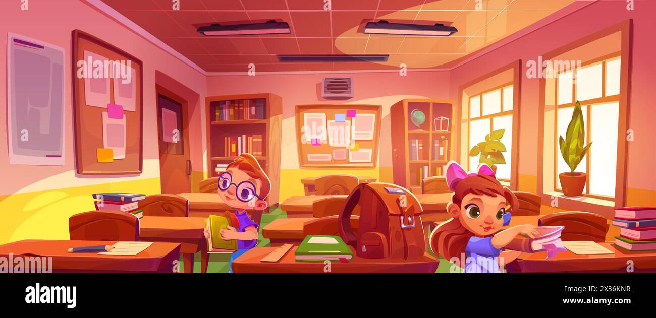 Little kids with books in school classroom. Cartoon vector illustration ...