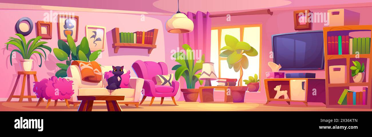 Living room interior with girly pink furniture and decorative elements ...