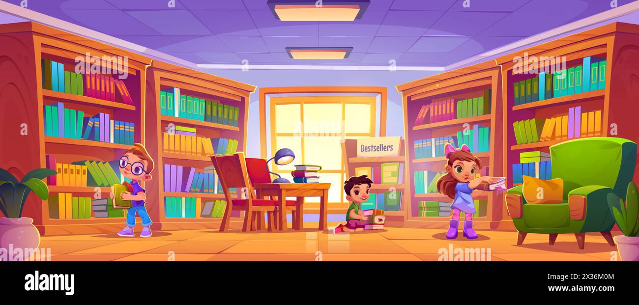 Kids in school public library. Cartoon vector education room interior ...