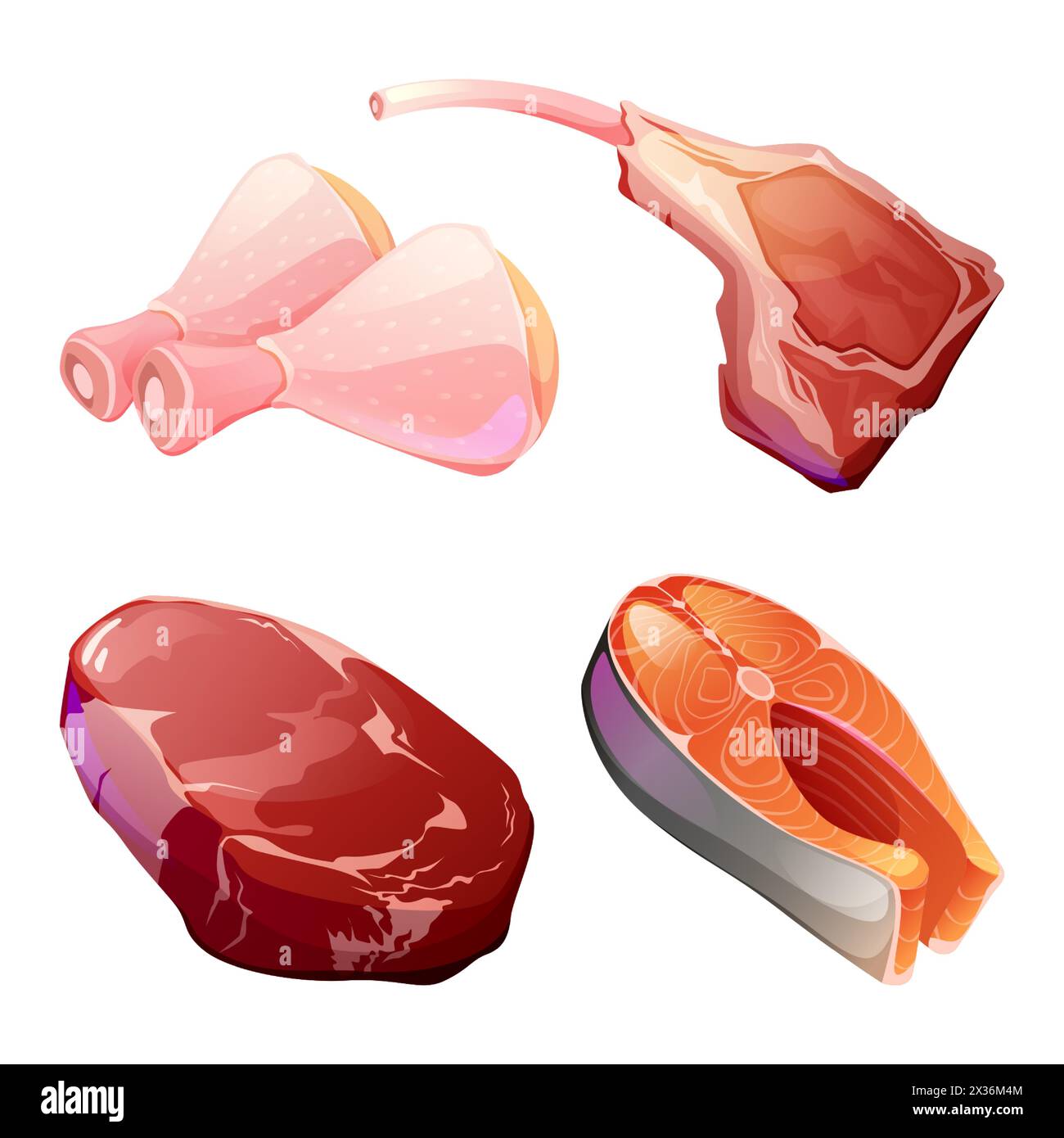 Meat and fish slices set isolated on white background. Vector cartoon ...