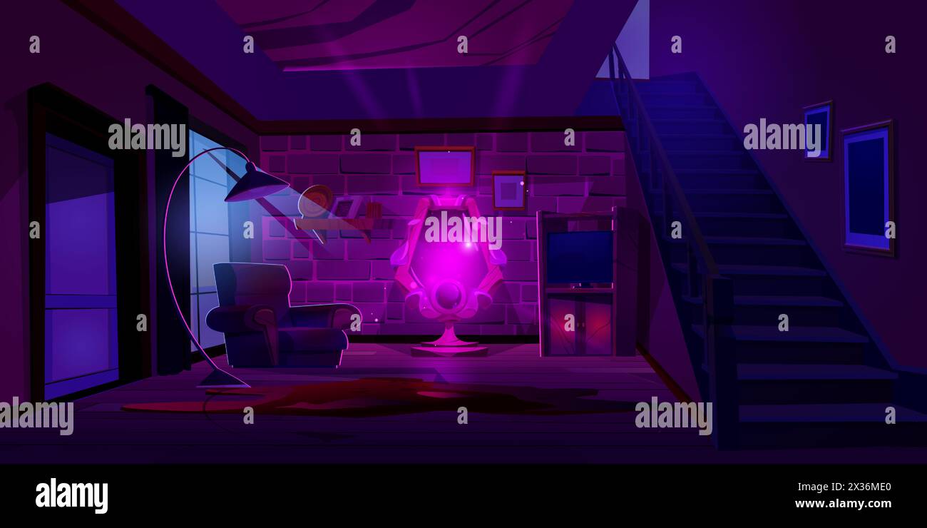 Home hall interior at night with magic glowing pink mirror. Cartoon ...