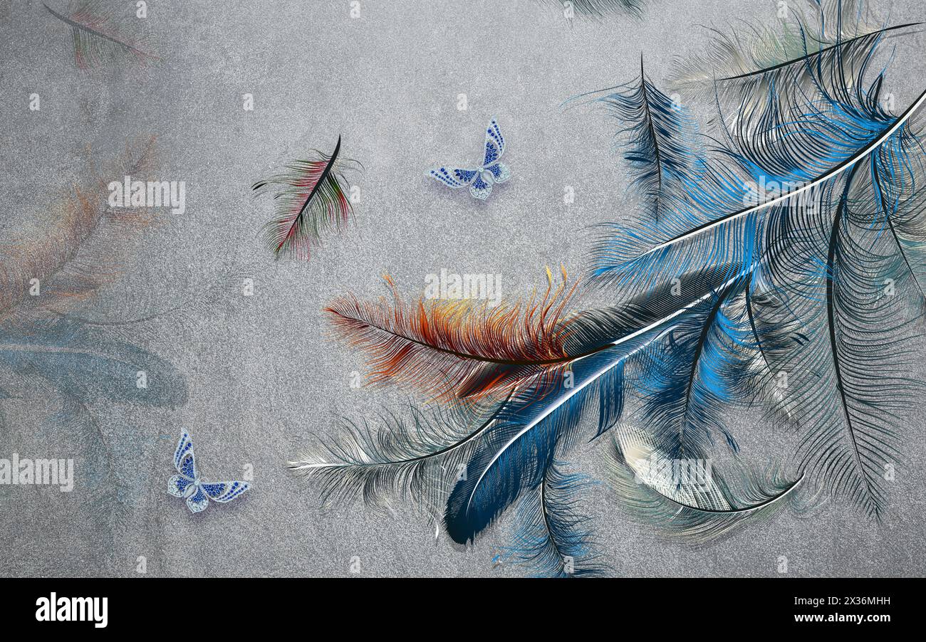 3D Feather Wallpaper On Textured background , Home decor , Wall art ...