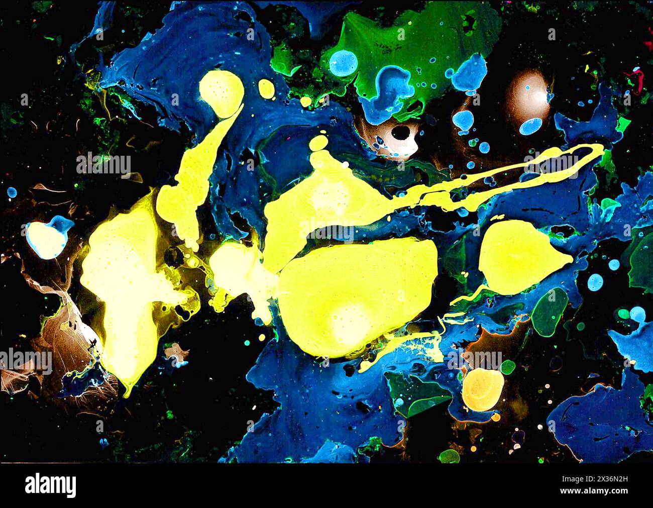 Abstract background of blue, green, white, yellow chaotic spots. Black ...