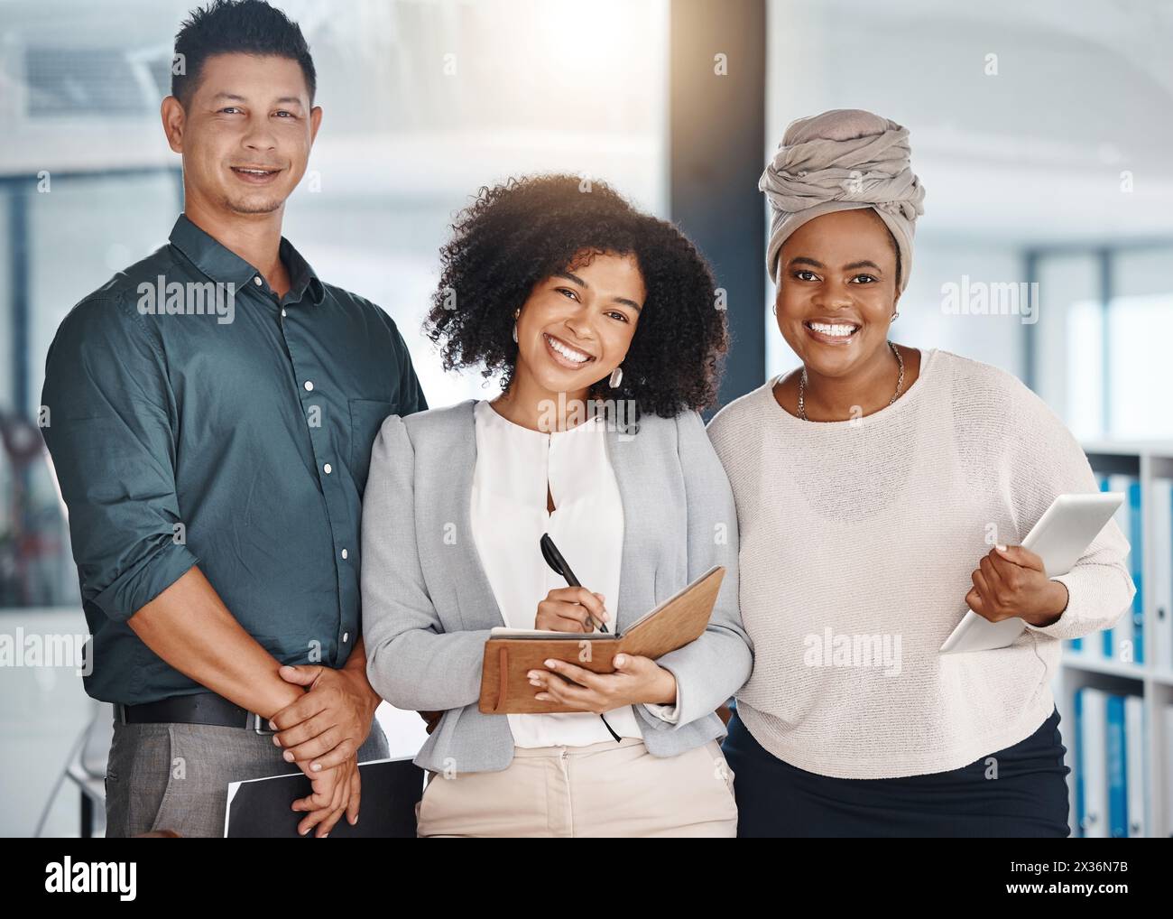 About us, portrait and business people in office with documents, books ...