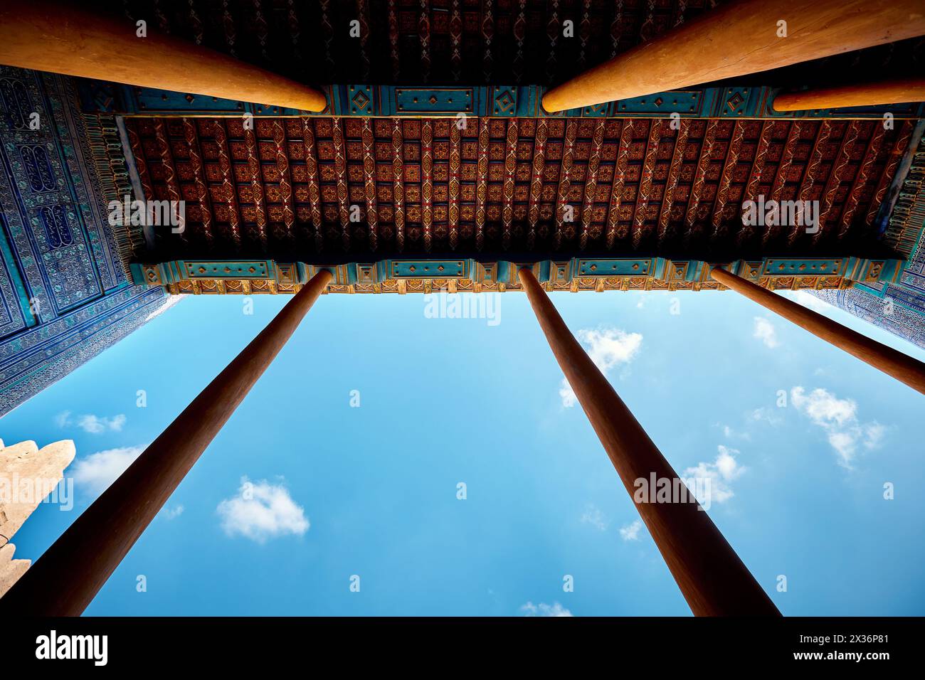 Exterior of the Summer Palace with wooden column, carved ceiling and ...