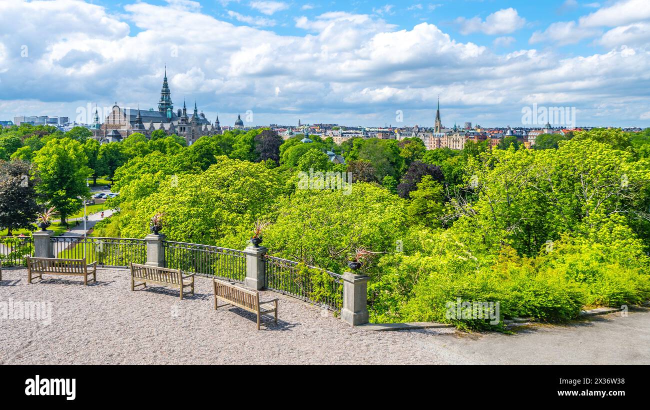 A peaceful view from King Oscar Terrace in Skansen showing wooden ...
