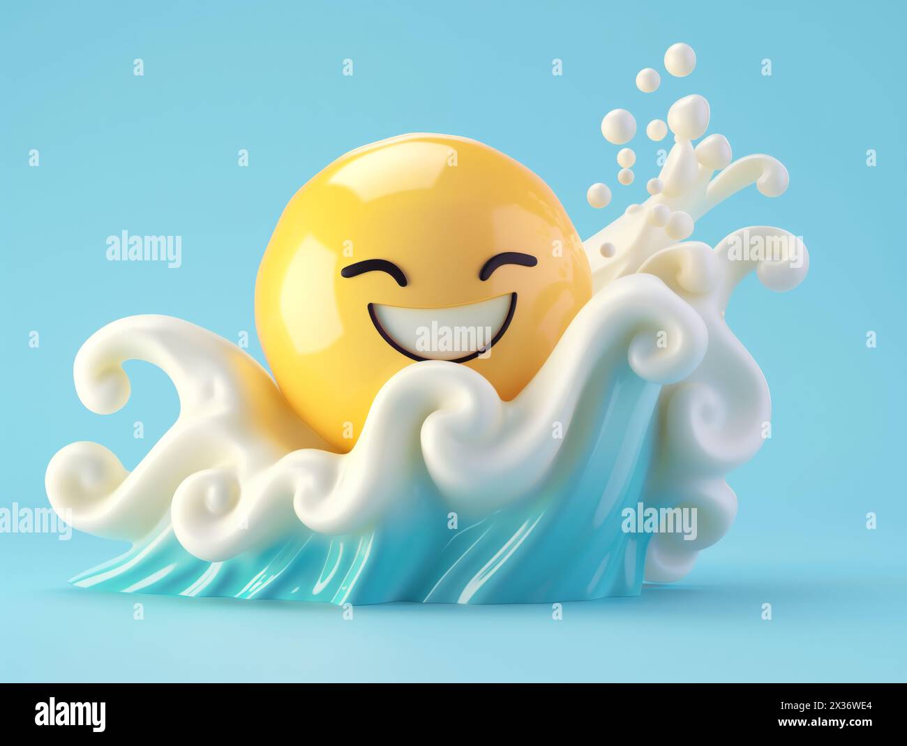 Smilie face emoji riding a wave in sea 3d render happy Stock Photo - Alamy