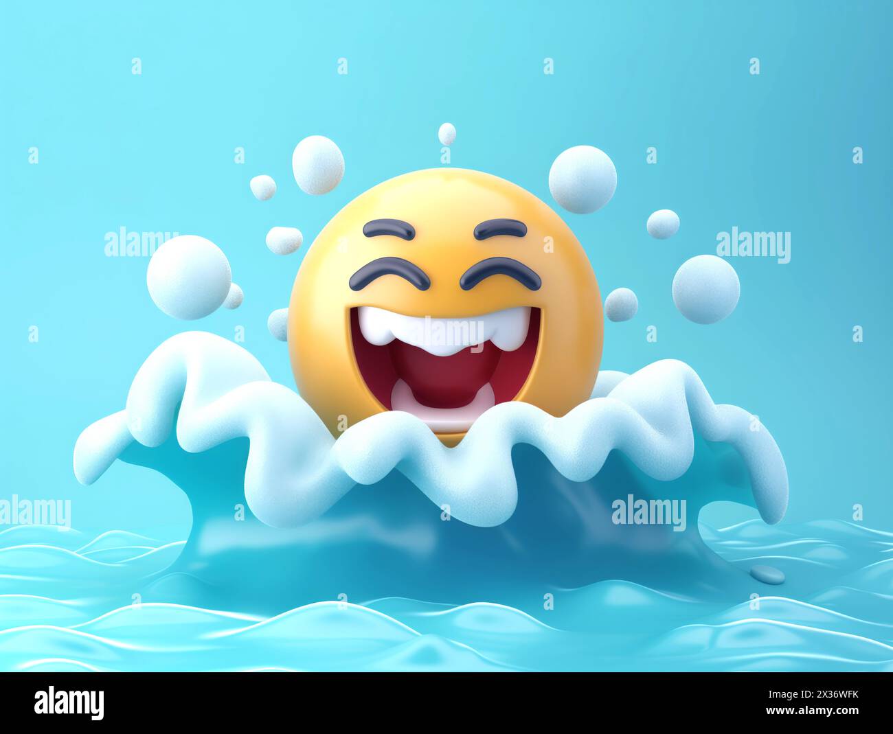 Smilie face emoji riding a wave in sea 3d render happy Stock Photo - Alamy