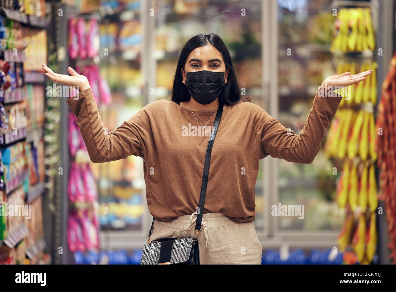 Woman, supermarket and face mask with choice, decision or confused for ...