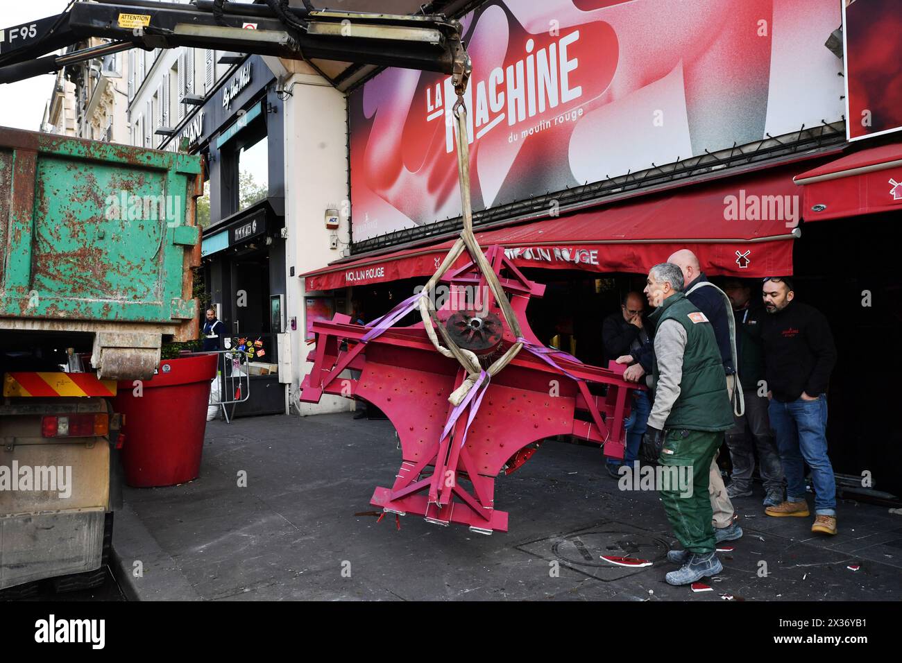 Wings of the famous Moulin Rouge of Montmartre fell down the street during the night of April ...