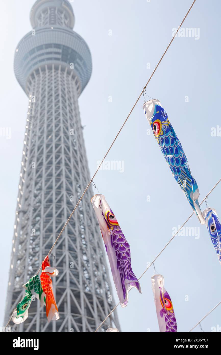 Colorful carp banners (Koinobori) are seen at Tokyo SKYTREE on April 25 ...