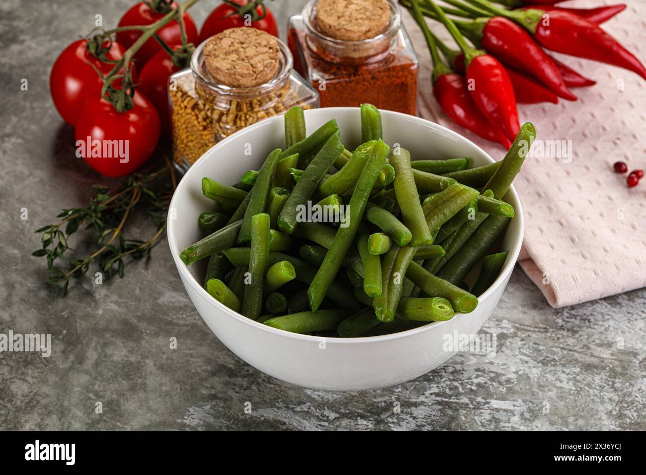 Vegan cuisine - boiled green bean snack Stock Photo - Alamy