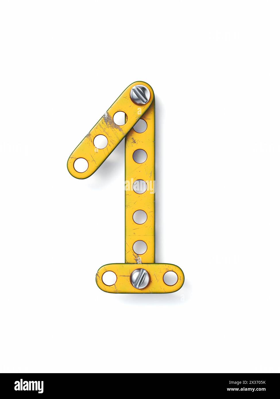 Aged yellow constructor font Number 1 ONE 3D rendering illustration ...