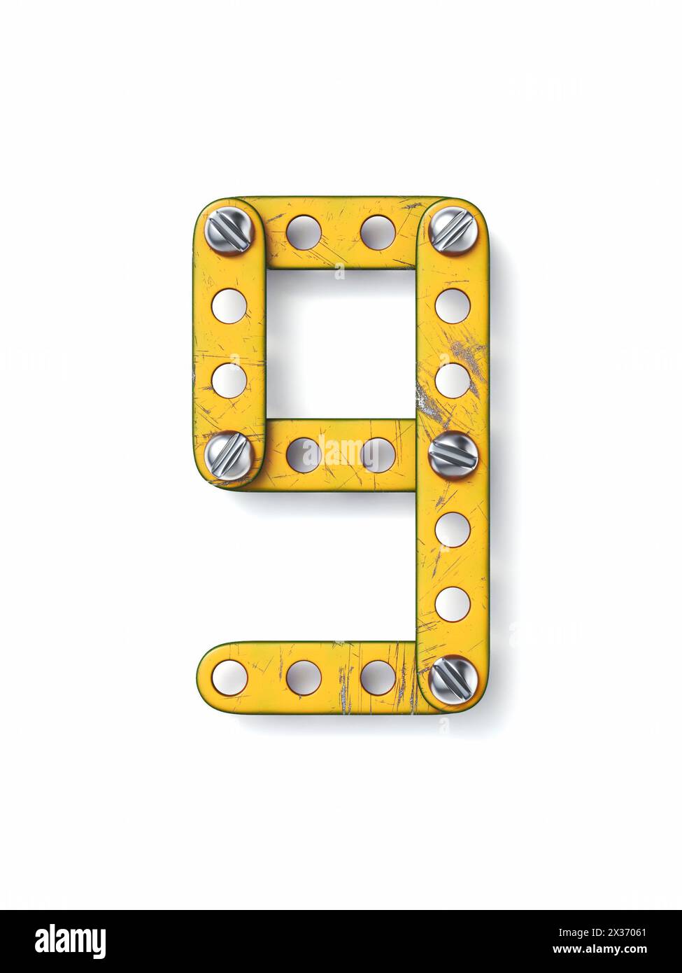 Aged yellow constructor font Number 9 NINE 3D rendering illustration ...