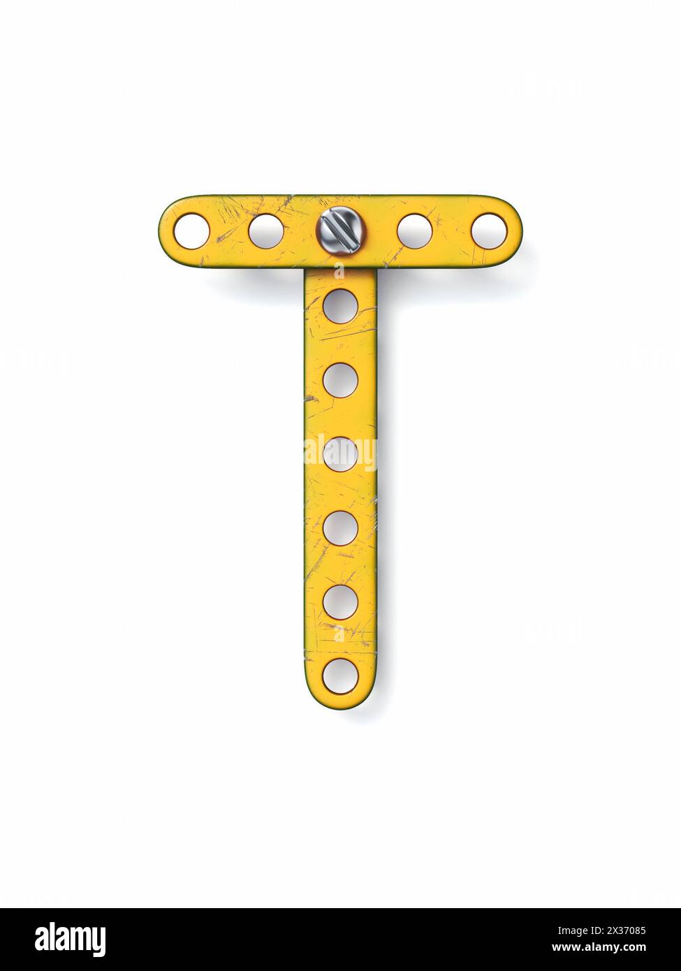 Aged yellow constructor font Letter T 3D rendering illustration isolated on white background ...