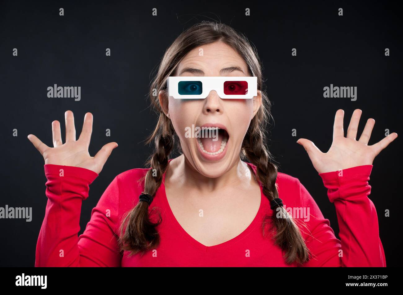 Surprise, portrait and woman with 3d glasses for movie, film and ...